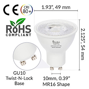Simba Lighting LED GU10 5W Dimmable Spot Light Bulb (6 Pack) Halogen 50W Replacement MR16 Shape for Accent, Recessed, Track Lighting, 38° Beam Angle, 120V, Twist-N-Lock Bipin Base, 5000K Daylight