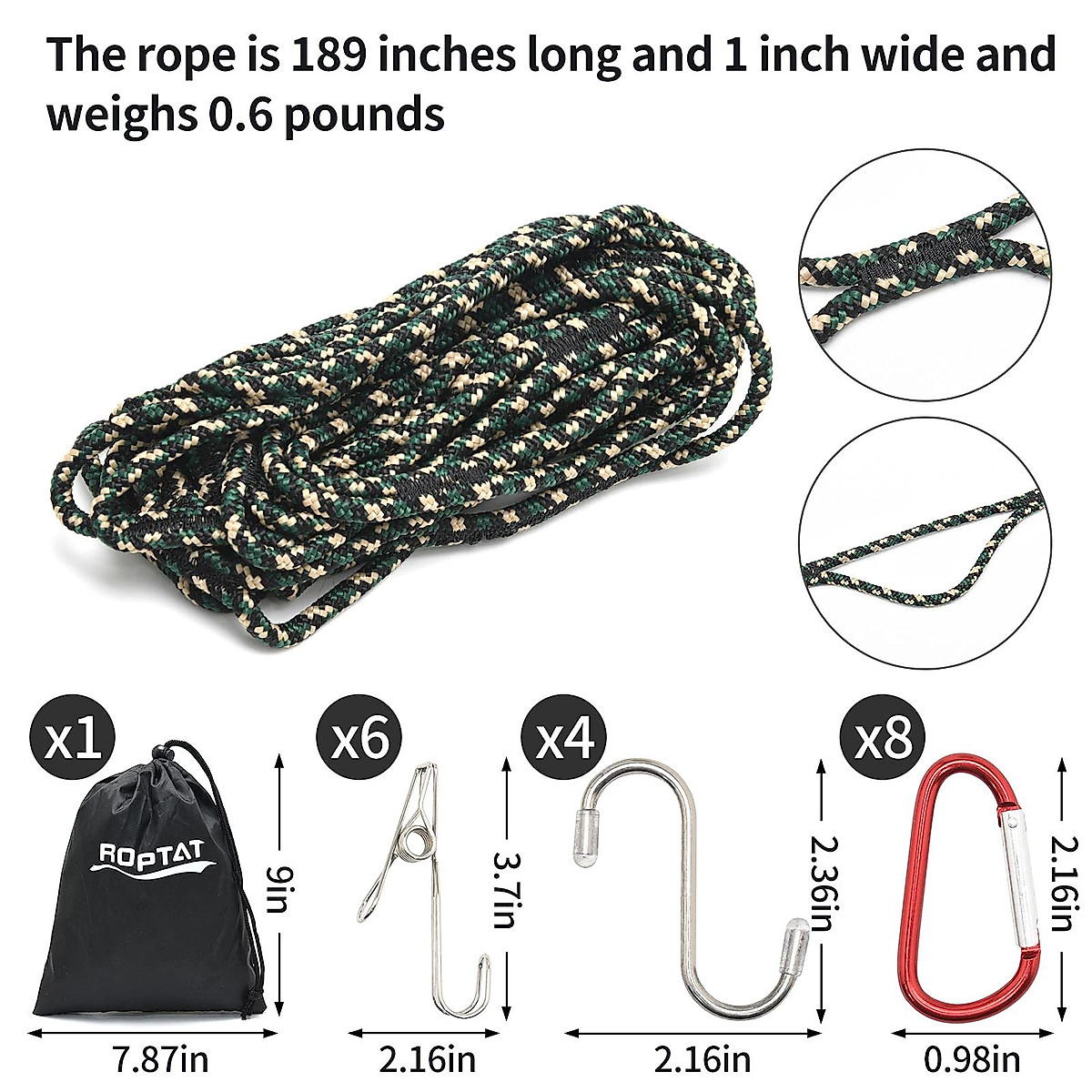 Roptat Campsite Storage Strap with 12 PCS Buckles&6 Clothes Pins Clothesline Hanging Gear for Tent Campers Car Camping Garden Supplies Family RV Trailer Hanging Gear (with Buckles)