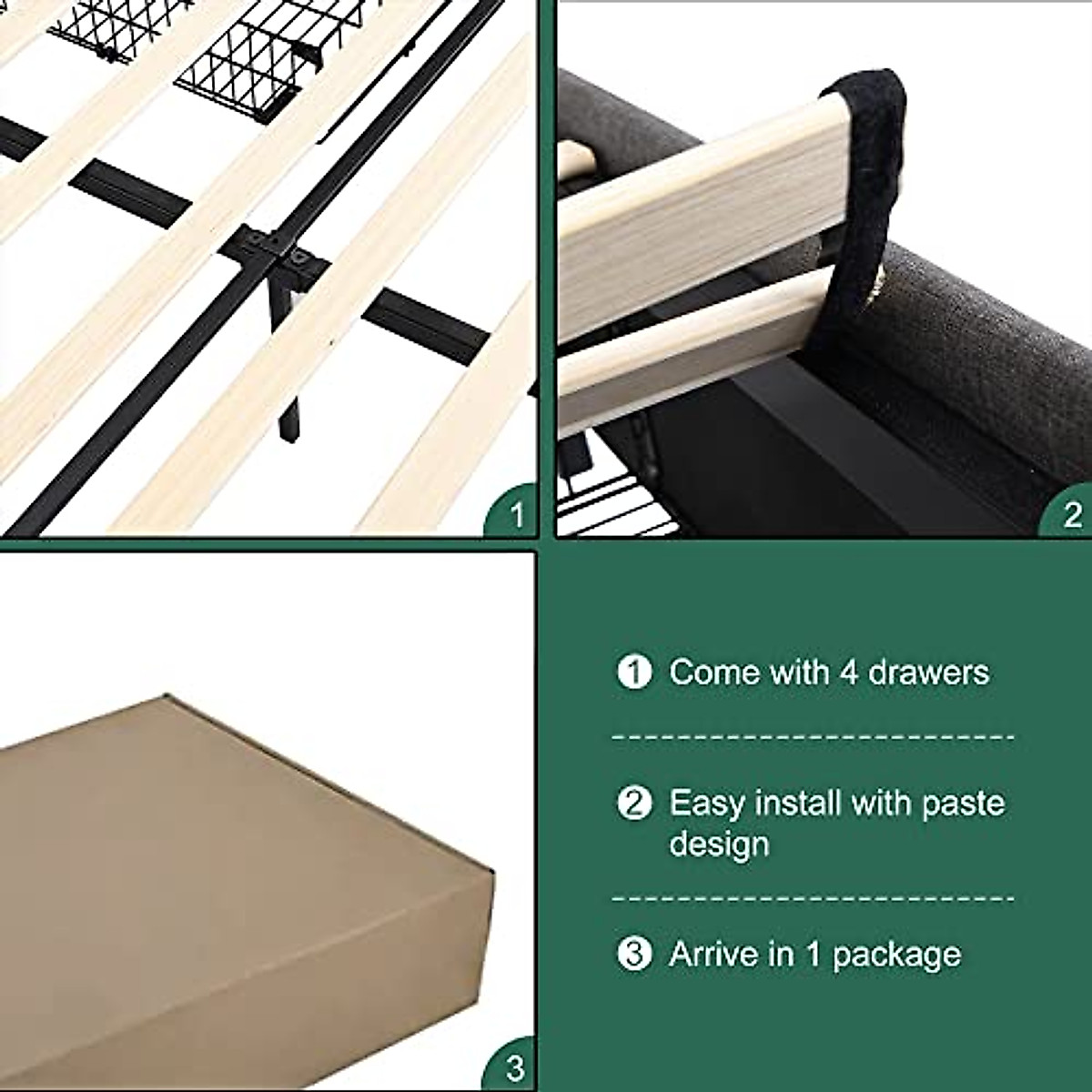 RHIZOME Queen Upholstered Platform Bed Frame with 4 Drawers Storage and Headboard Footboard, Mattress Foundation with Wooden Slats Support and No Box Spring Needed, Grey