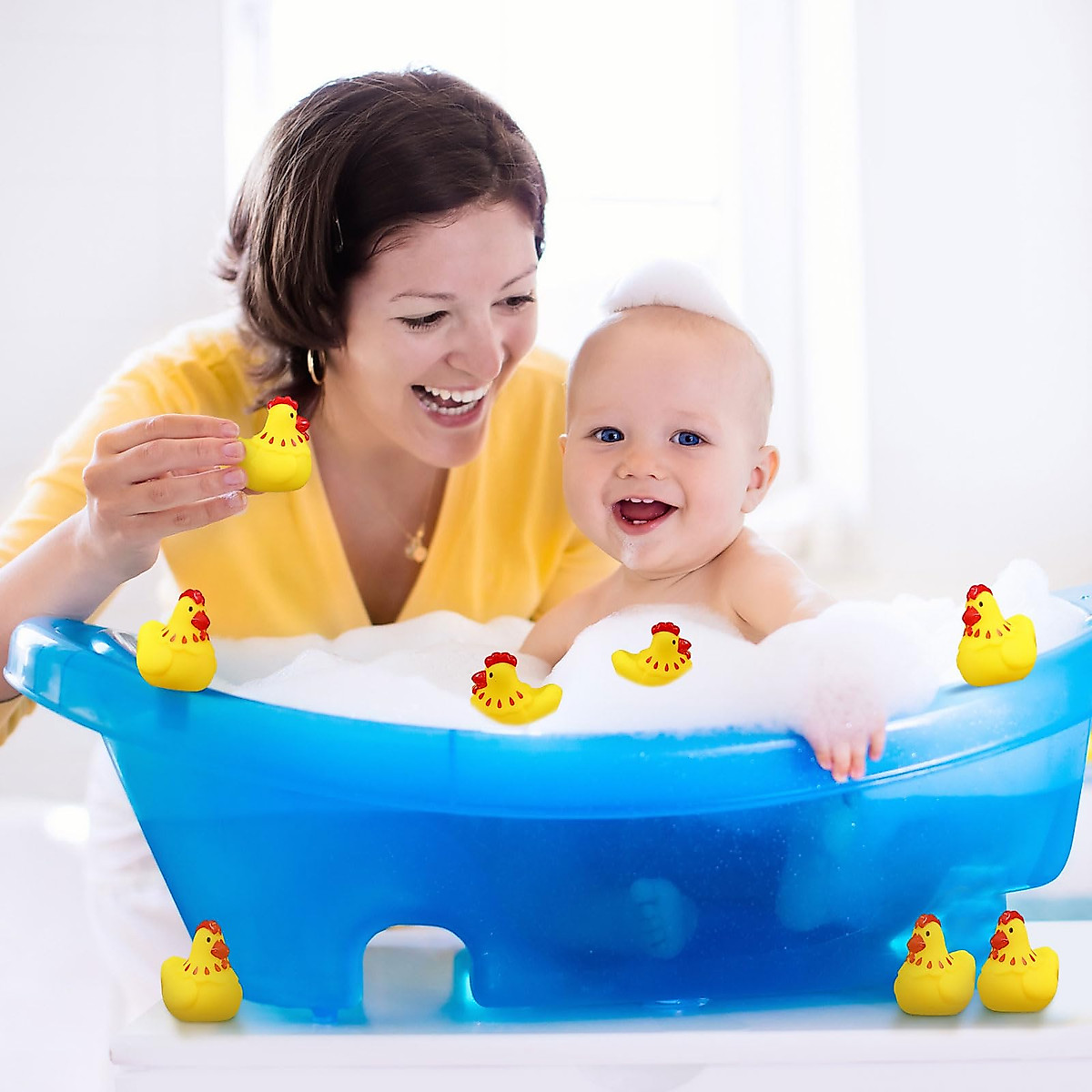 Libima 50 Pcs Rubber Chickens Bath Toy Bulk Mini Chicks Squeezable and Squeak Toys Yellow Floating Rubber Toy Swimming Pool Bathtub Toys for Boy Girl Shower Birthday Party Favors Gifts