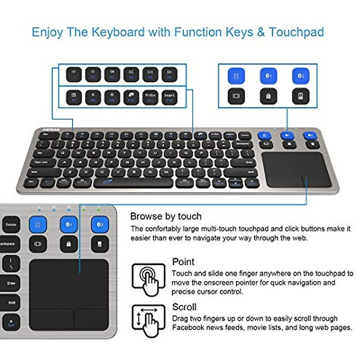 Arteck Universal 2.4G Wireless and Bluetooth Touch TV Keyboard Multi-Device with Easy Media Control and Build-in Touchpad Keyboard for Smart TV, TV Box, TV-Connected Computer, Mac, HTPC
