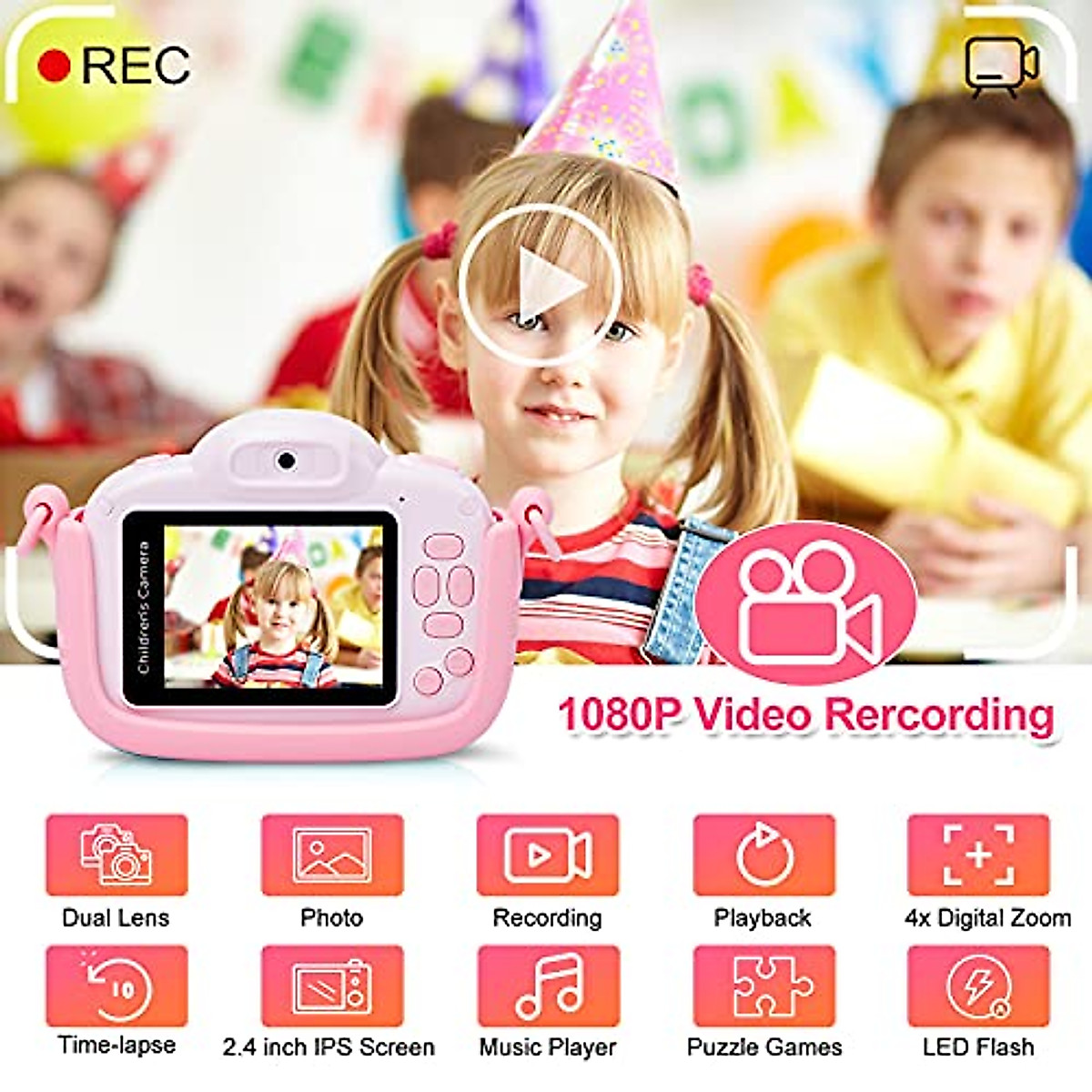 MINIBEAR Kids Camera for Girls 30MP Digital Camera for Kids Selfie Video Camera 2.4 Inch Screen Toddler Camera 3 4 5 6 7 8-10 12 Year Old Toddler Toys Camera Gifts for Girls Kids, 32GB TF Card, Pink