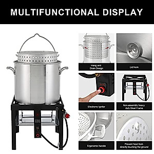 FEASTO 100QT Aluminum Boil Kit with Basket Perfect for Seafood Boiling and Steaming, Outdoor Propane Gas Cooker with Adjustable 0-10 PSI Regulator, Non-Assembly Frame Stand