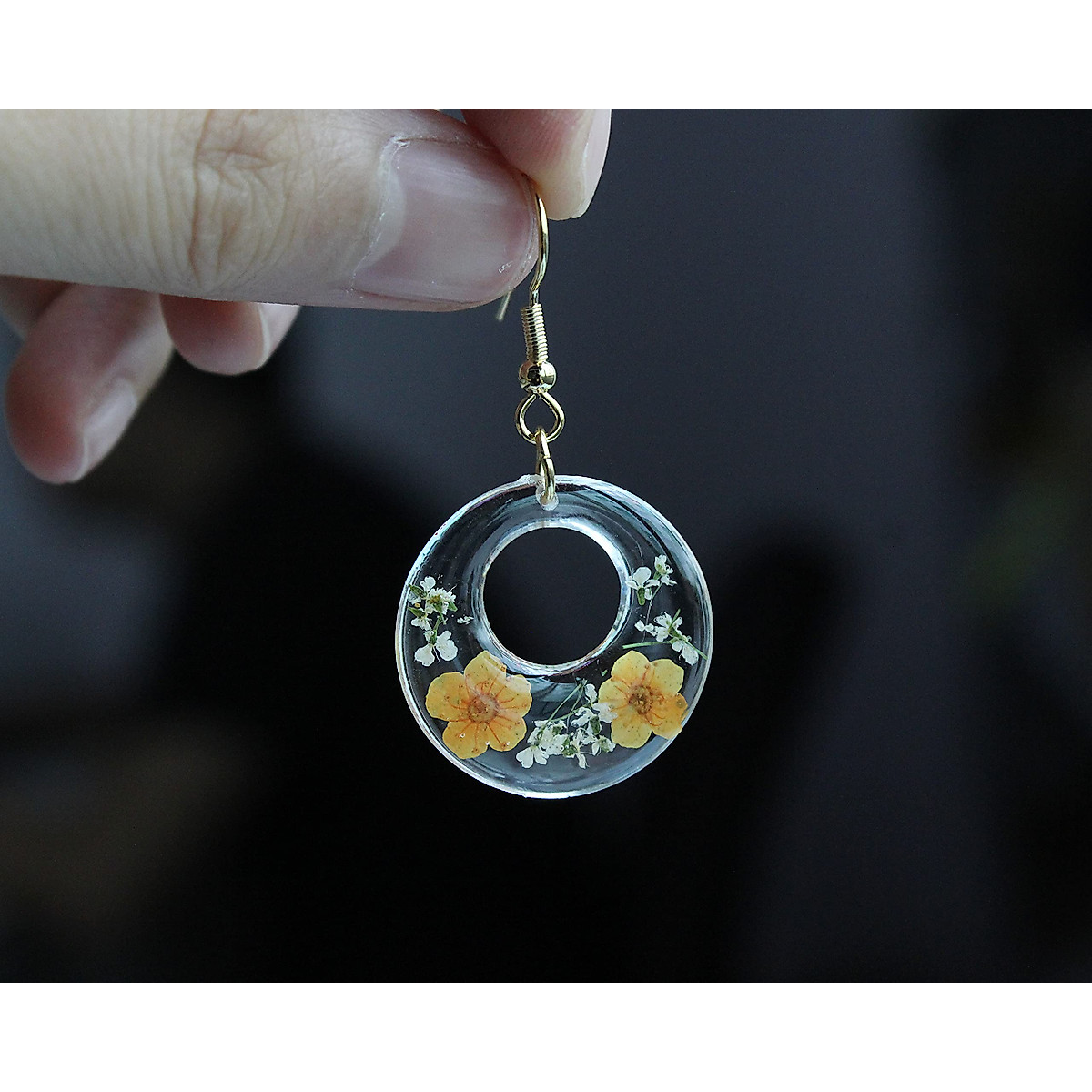 SIEASY Pressed flower Earrings, real Dried Flowers Pendant Earrings Orange Floret Gold earrings
