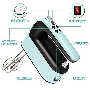 Yomelo 9-Speed Digital Hand Mixer Electric, 400W Powerful DC Motor, Baking Mixer Handheld with Snap-On Storage Case, Touch Button, Turbo Boost, 5 Stainless Steel Accessories, Flat Beaters, Dough Hooks, Whisk (Ice Blue)