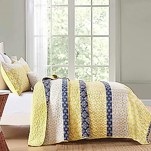 Boho Quilt Set Queen Size Yellow Bohemian Quilt Bedding Set Striped Lightweight Summer Bedspread Coverlet Bedding Set 96"x90" (3 Pieces)