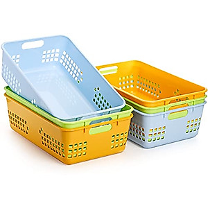 Jucoan 6 Pack Plastic Storage Basket, 12 x 7.5 x 4 Inch Large Colorful Classroom Organizer Bin, Shelf Drawer Organizer Tray with Handle for School, Classroom, Desktop, Drawer, Closet, Office, 3 Colors