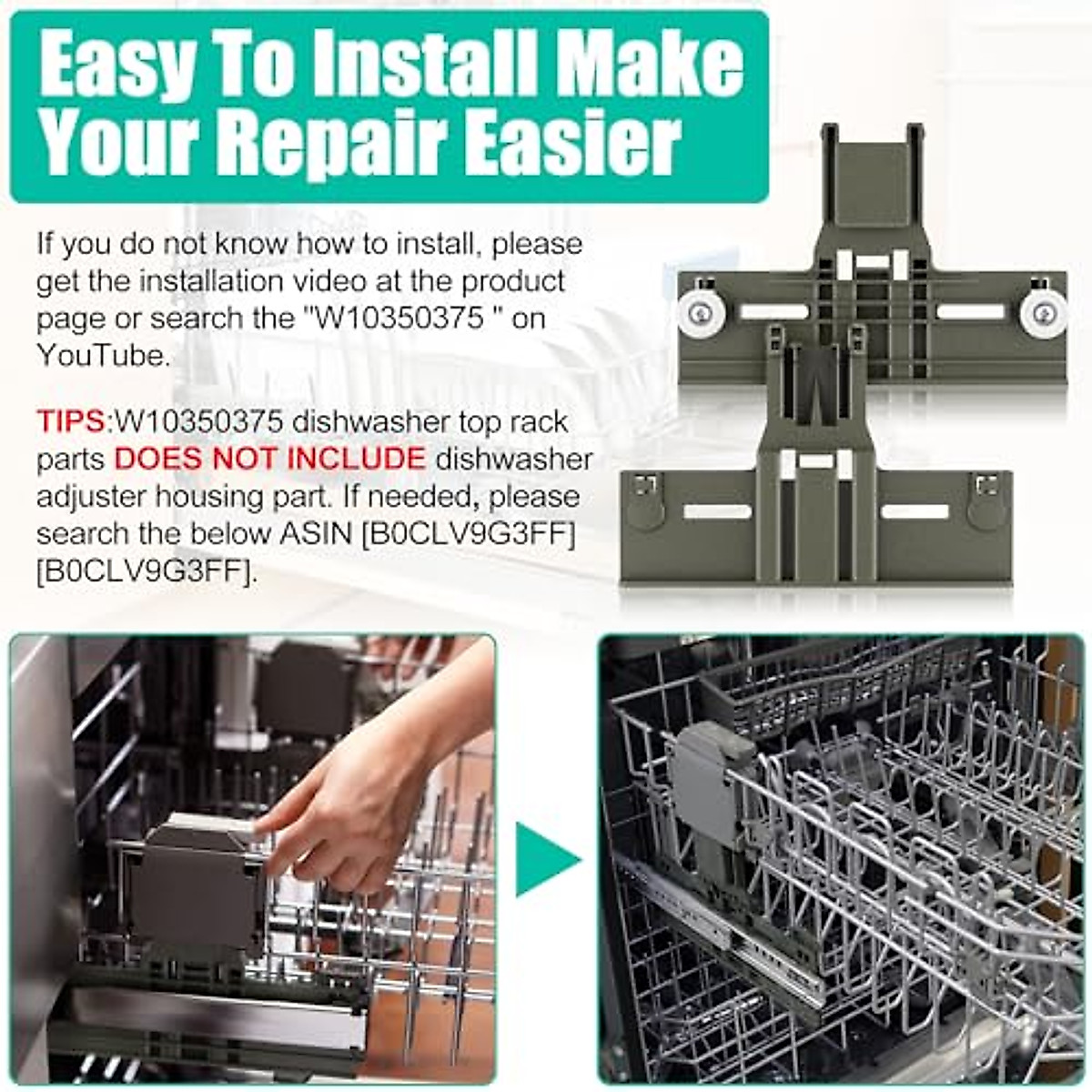 UPGRADED W10350375 Dishwasher Top Rack Adjuster Parts Replacement for Whirlpool Dishwasher Parts WDT730PAHZ0 WDT750SAHZ0 WDTA50SAHZ0 WDT970SAHZ0 Upper Rack Parts,Fits Kenmore Dishwasher Top Rack Parts