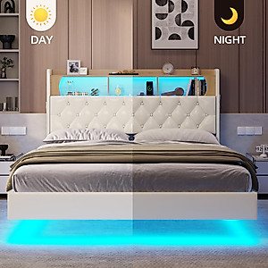 BTHFST Queen Floating Bed Frame with Storage Headboard & LED Lights & Charing Sation, Upholstered Headboard RGB LED Floating Bed with USB-C/A Charging Station, No Box Spring Needed, PU White