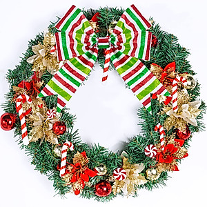 obmwang 2 Rolls Christmas Glitter Stripes Wired Edge Ribbon Red White Green Stripes Ribbons Wired Christmas Holiday Ribbon for DIY Craft Bows Xmas Tree Decoration, 2.52" x 6.56 Yards