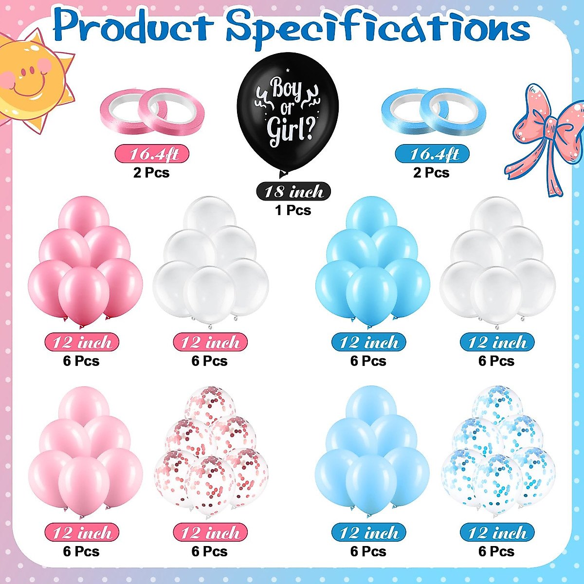Panelee 51 Pcs Gender Reveal Party Decorations 54'' x 108'' Disposable Tablecloth 12'' Pink Blue White Latex Balloons 18'' Black Boy or Girl Balloons with 16.4ft Blue and Pink Ribbon for Party