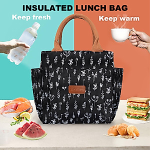 Joymee Lunch Bag Women Insulated Lunch Box Reusable Leakproof Large Cooler Tote for Womens Mens Adults with Bottle Holder and Side Pockets for Work Office Picnic - White Little Flowers