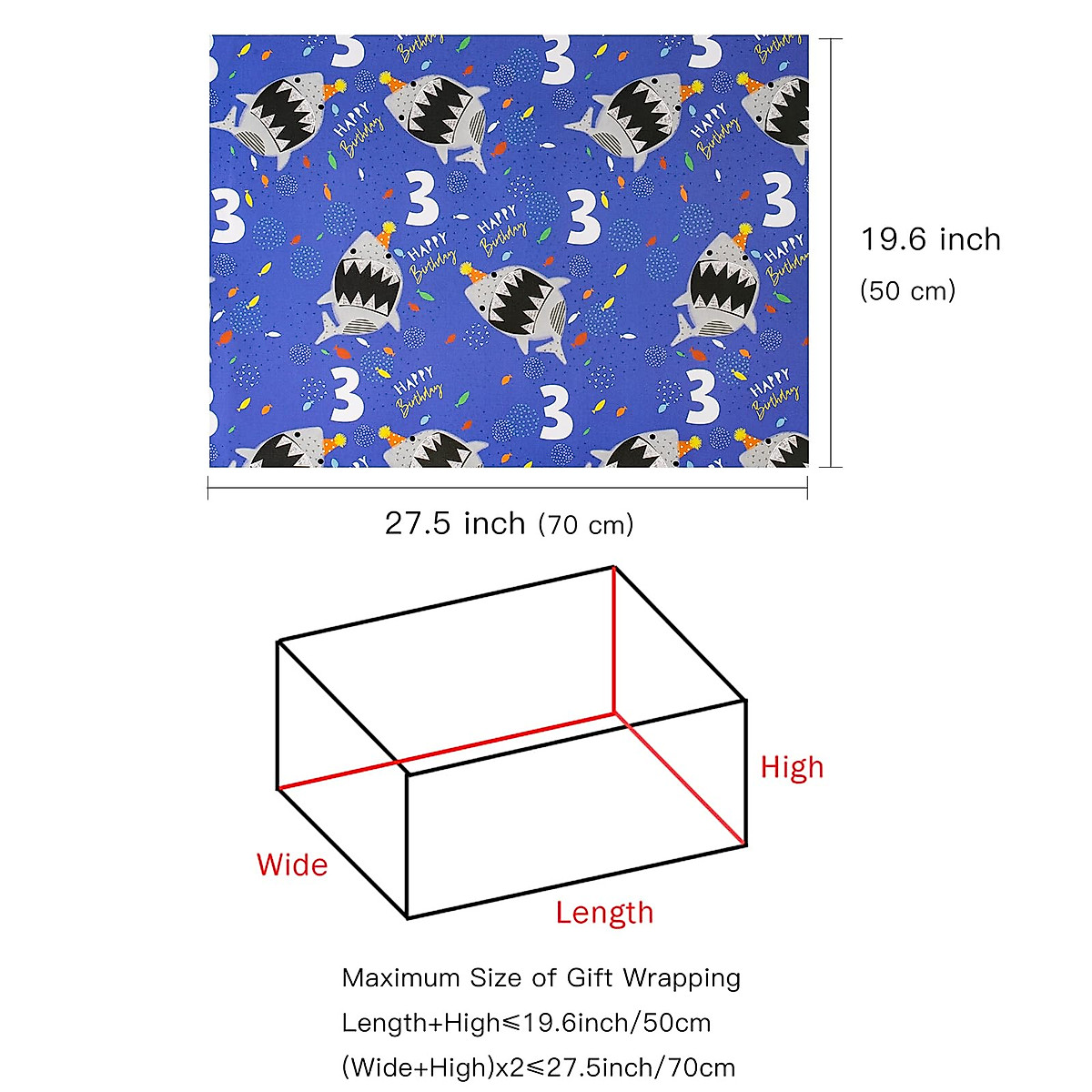 LeZakaa 3rd Birthday Wrapping Paper Sheets - Sharks with Birthday Hat Design - Perfect for Boys, Girls, Kids - 27.5 x 19.6 inches - 6 Sheets (22.4 sq.ft.ttl.)