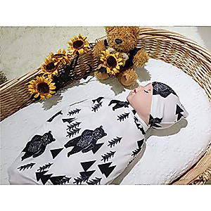 Newborn Swaddle Blanket with Beanie Set,Soft Stretchy Cocoon Sack for 0-3 Months Baby Boys and Girls(Ink Bear)