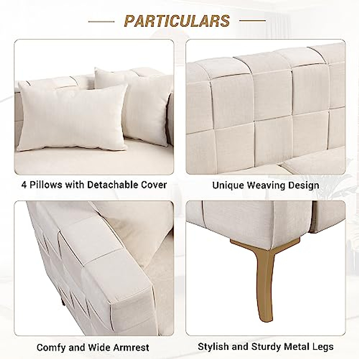 Merax 80.5" Upholstered Sofa with 4 Pillows Modern Couch with Golden Metal Legs for Living Room,Beige Love Seats