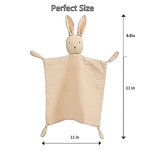insular Bunny Lovey Blanket for Boys and Girls, Organic Cotton Muslin Security Blanket for Babies, Soft Breathable Lovie Soothing Towel for Newborn and Infant, 2 Pcs Set (Khaki&Pink)