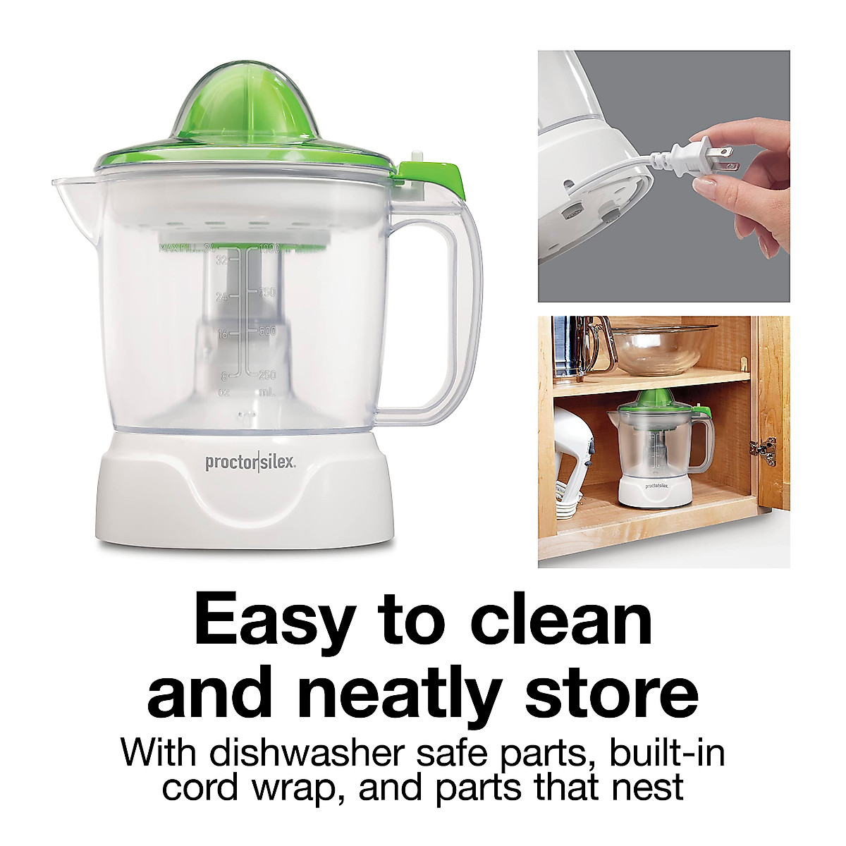 Proctor Silex Electric Citrus Juicer Machine, 34 oz., for Orange, Lemon, Grapefruit Juice, White & Green (66337)