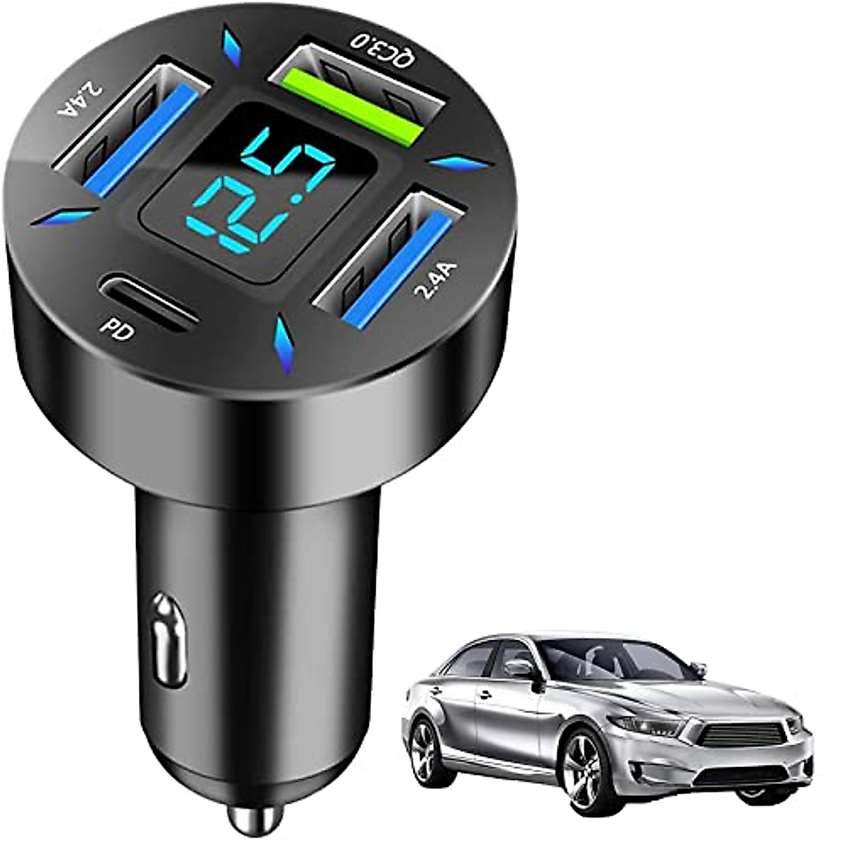 Wireless Adapter for Speakers to Receiver USB Car Quick Charger QC3.0 Adapter 66W Fast Charging Adapter For Lighter 4 Port USB PD QC 3.0 Car Charger LED Digital Display Real Time 8mm (Black, One Size)