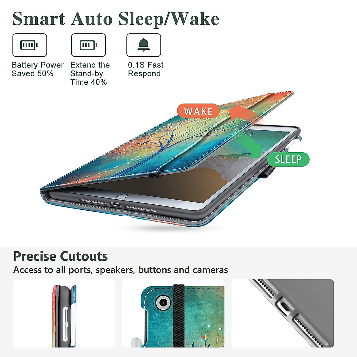 Vimorco iPad 9th/8th/7th Generation Case, 9th Generation iPad Case with Pencil Holder/Hand Strap/Pocket, iPad 10.2 Case Adjustable Angle, iPad Cover 9th Generation Auto Sleep/Wake, Oil Painting Tree