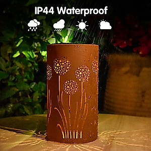 pearlstar Outdoor Solar Table Lamp 2pack Metal Dandelion Solar Lantern Lights, Retro Orange Finsih, Outside Decor for Patio Garden Yard Pathway Tabletop Waterproof(Dandelion)