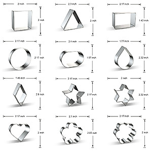 Geometric Classic Shapes Cookie Cutter Set of 12 - Heart, Flower, Star, Circle, Square, Triangle, Rectangle, Oval, Teardrop, Diamond, Star of David Shaped Cookie Cutters Biscuit Mold - Stainless Steel