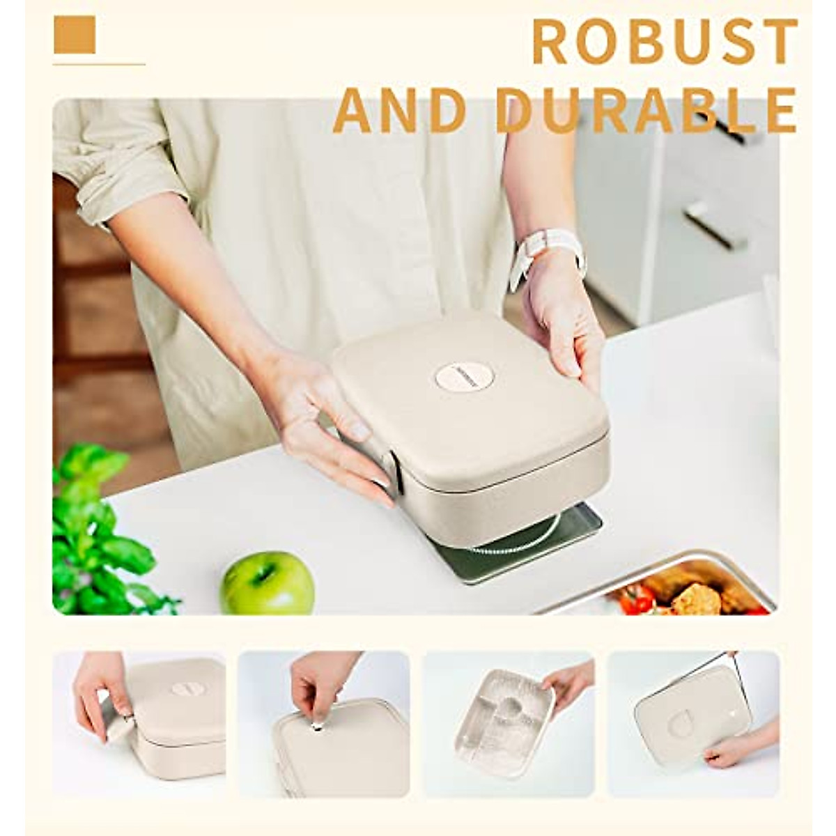 ANDMOON Bento Lunch Box with Kids/Adults, 5 Compartments Leakproof Lunch Container with Dressing Cup, Eco-Friendly Double Insulated Boxes, Dishwasher and Microwave Safe, BPA-Free (white)