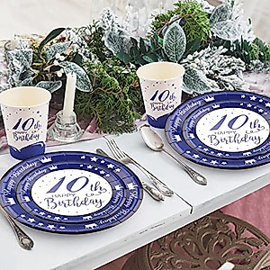 10th Birthday Decorations for Boys Girl, 96pcs Happy Birthday Plates and Napkins Navy Blue Party Tableware Set Party Supplies Paper Plates Napkins Cups 10th Birthday Plates - Serves 24 Guests