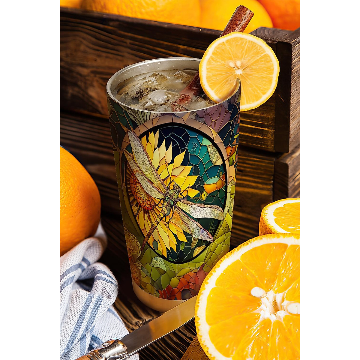 ORCAE 20oz Yellow Stained Glass Sunflower Dragonfly Tumbler, Gifts for Dragonfly Lovers, Coffee Thermos for Women, Stainless Steel Double Wall Vacuum Insulated Coffee Mug, Travel Cup with Lid - F