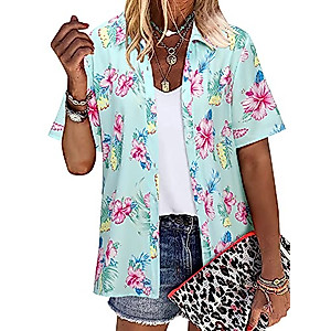 ZXZY Women Summer Hawaii Shirts Soft Cool Floral Tropic Print Short Sleeve Button Up Tops T-Shirt Light Green