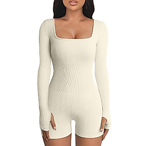 OQQ Women's Yoga Workout Ribbed Long Sleeve Sport Romper, Beige, Medium