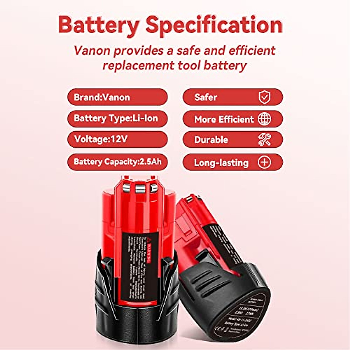 VANON 4-Pack 12V 2500mAh Lithium-ion M-12B Replacement for Milwaukee 12V Battery 48-11-2411 48-11-2420 48-11-2401 48-11-2402 48-11-2401