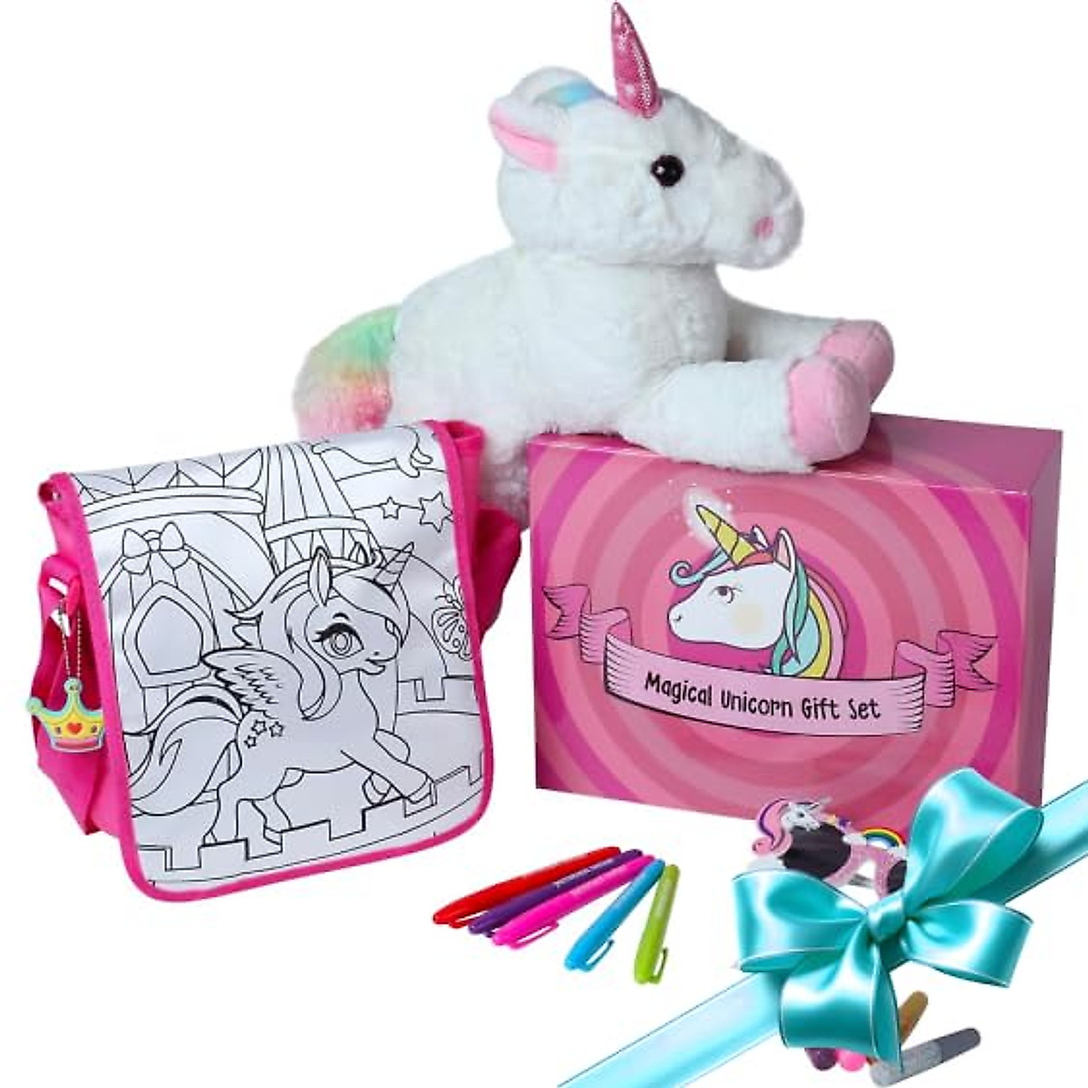 Dazmers Magical Unicorn Stuffed Animals Gift Set - 15" - Plush Unicor with Pink Sunglasses, Purse, Sparkling Gem Stones, Glitter, and 5 Markers - Perfect for Girls Who Love Unicorns, Stuffed Plushie