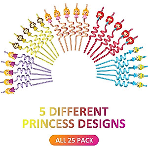 Lidmada 25Pcs Princess Party Favors Straws with 2 Cleaning Brushes, 5 Designs Reusable Plastic Straws Great for Princess Themed Birthday Party Supplies for Girls Kids