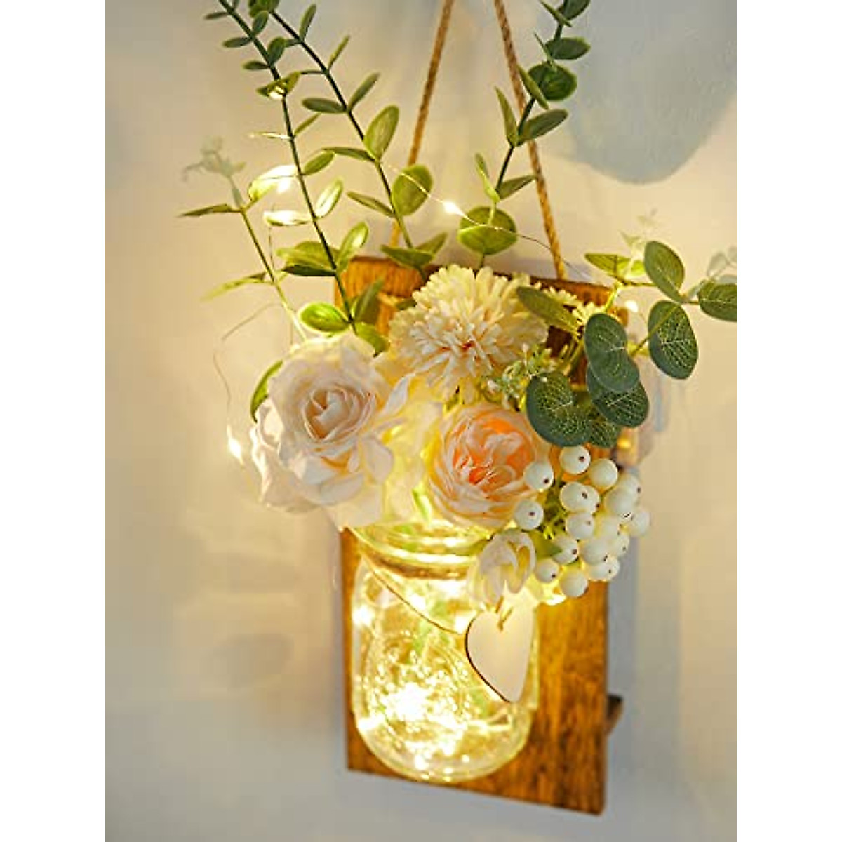 Party Joy Mason Jar Sconces Set of 2 Spring Decor Wall Decor Rustic Wall Sconces with Remote Control LED Fairy Lights and Artificial Flowers Bathroom Decor Home Decor with Lights