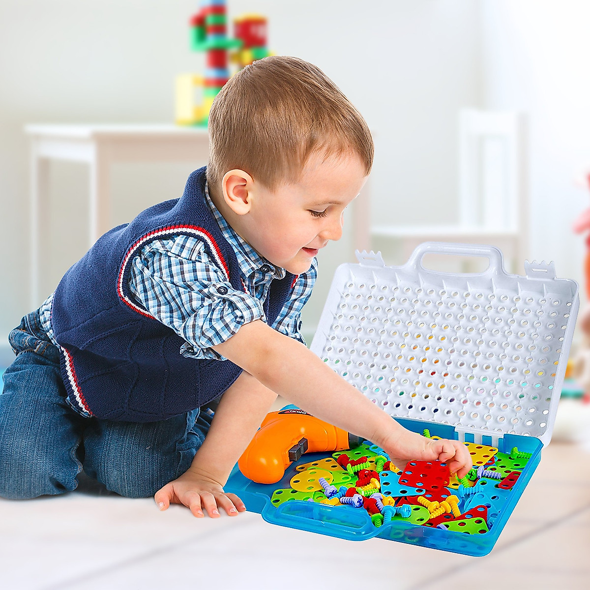 Drill & Play Building Toy Set Creative Educational with Real Toy Drill - STEM Construction Game Mosaic Design Building Toys Tool Kit for Kids and Toddlers