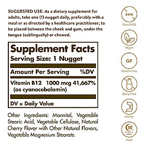 Solgar Vitamin B12 1000 mcg, 250 Nuggets - Supports Production of Energy, Red Blood Cells - Healthy Nervous System - Promotes Cardiovascular Health - Vitamin B - Non-GMO, Gluten Free - 250 Servings