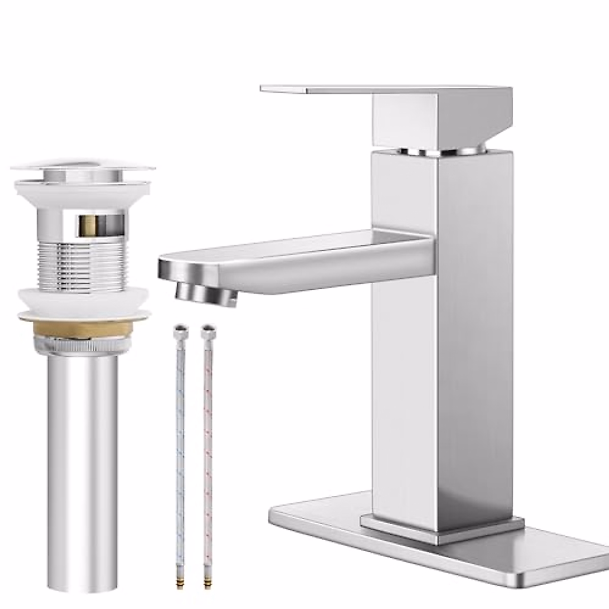 Herogo Brushed Nickel Bathroom Faucet, Stainless Steel Bathroom Sink Faucets with Brass Pop-up Sink Drain Stopper & Deck Plate 1 or 3 Hole, Single Handle RV Lavatory Faucet with 2 Water Hoses