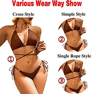 HISAGUHE Women Sexy Various Wear Way Bikini Set Two Piece Swimsuit Fashion Metal Ring Bathing Suit Swimwear(Coffee,S)