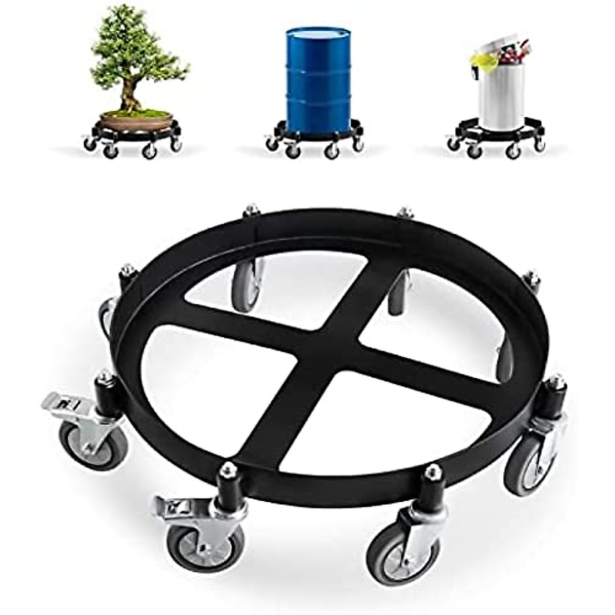 Drum Dolly for 55 Gallon Drums,Barrel Dolly Heavy Duty Steel Frame with 5 Swivel Caster Wheels, Drum cart with Brake for workshops, Factories, Warehouses (55 Gallon 8 Wheels)