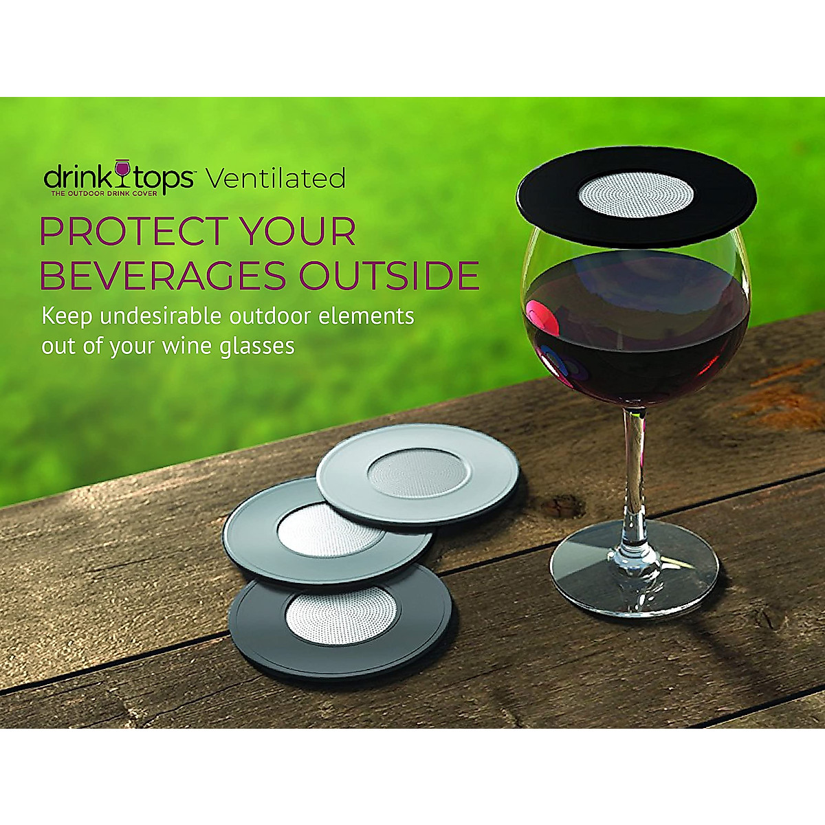 Coverware Drink Tops Ventilated Silicone Wine Glass Covers - Weighted Cover with Screen Allows Wine to Breathe - Outdoor Wine Glass Covers to Keep Particles Out - BPA Free - 4 Pack