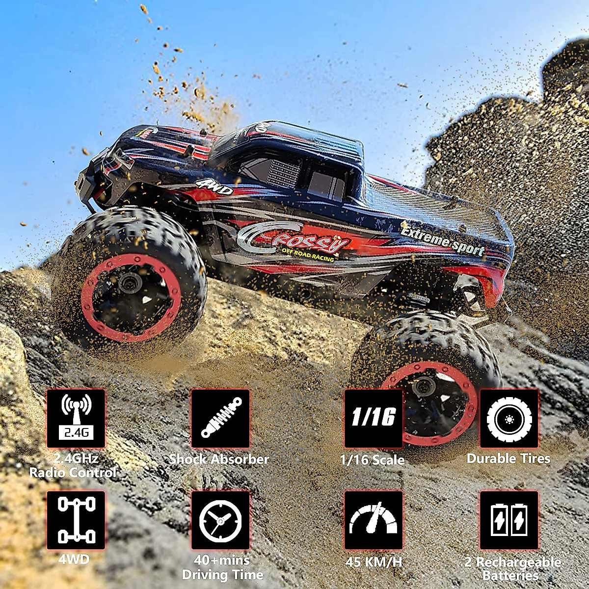 RACENT RC Car, 1:16 Scale All Terrain Monster Truck, 30MPH 4WD Off Road Fast Remote Control Car, 2.4Ghz High Speed Electric Vehicle with 2 Rechargeable Batteries, 40+ Min Play, Gift for Boys (785-5)