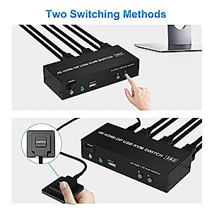 KVM Switch Dual Monitor Display Port and HDMI 4K@60Hz Extended Display KVM Switch 2 Monitors 2 Computers with Audio Microphone Output and 3 USB Ports, PC Monitor Keyboard Mouse Switcher