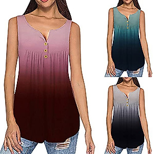 Women's Gradient Color Tank Tops Sleeveless V-neck Button T-shirt Summer Casual Loose Basic Vest Tops (Gray, L)