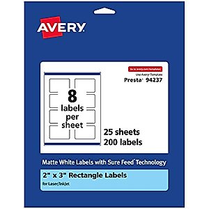 Avery Matte White Rectangle Labels with Sure Feed, 2" x 3", 200 Matte White Printable Labels