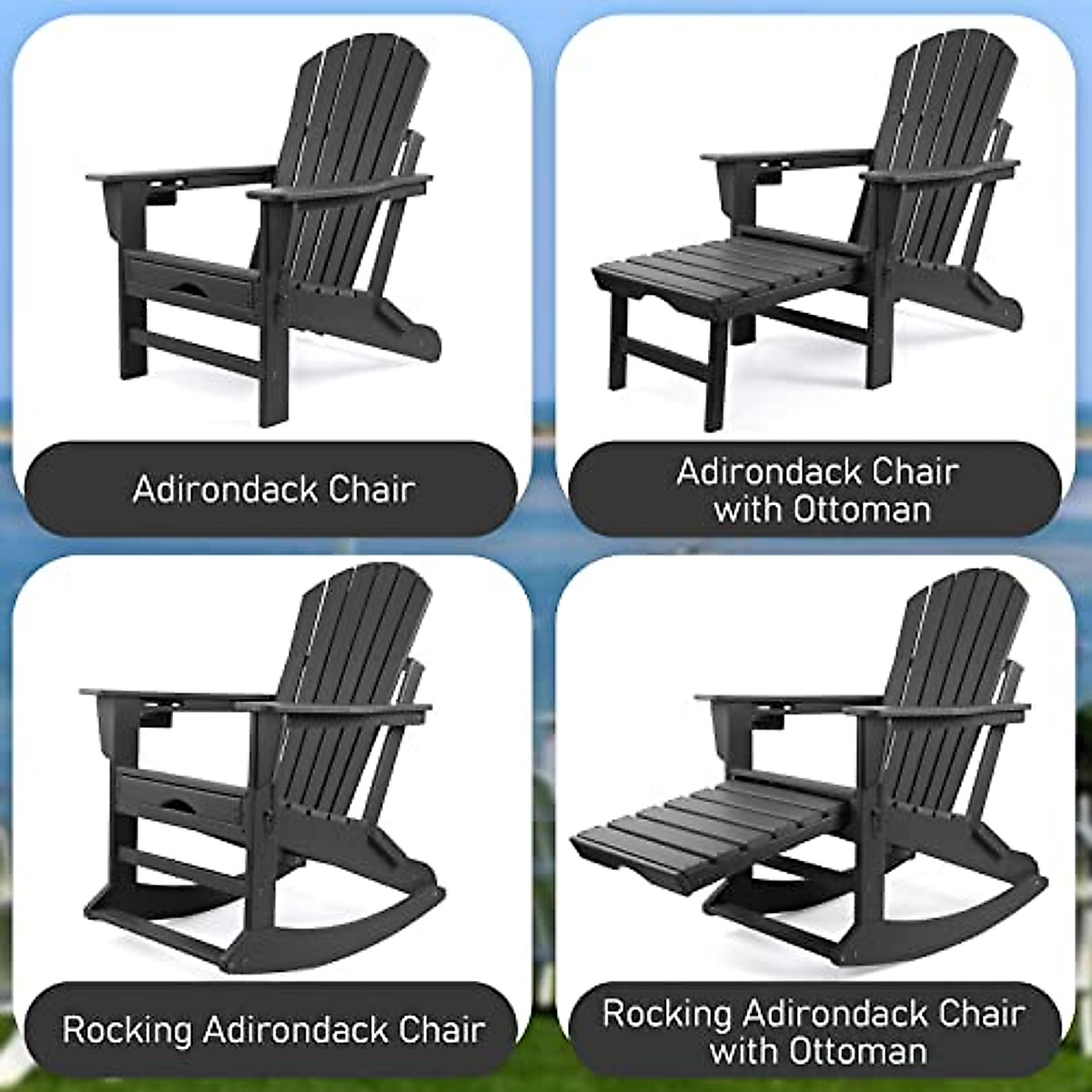 adirondack chair with Ottoman,Folding adirondack chairs,Rocking with Cup Holder,adirondack chairs Weather Resistant,Fire Pit Chairs,Plastic for Adults,350 lbs