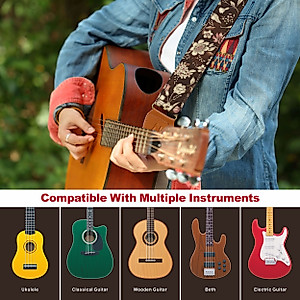 Nefelibata Japanese Cotton Guitar Strap for Acoustic Guitar, Ukulele, Free Headstock Strap Adapter with Buckle, Guitar Picks and Strap Lock(Pomegranate Flower)