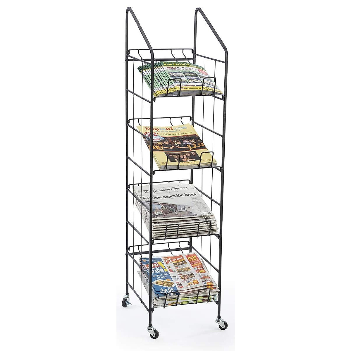 Displays2go Portable Newspaper and Magazine Rack, 4 Angled Shelves, Locking Caster Wheels (Black Steel)