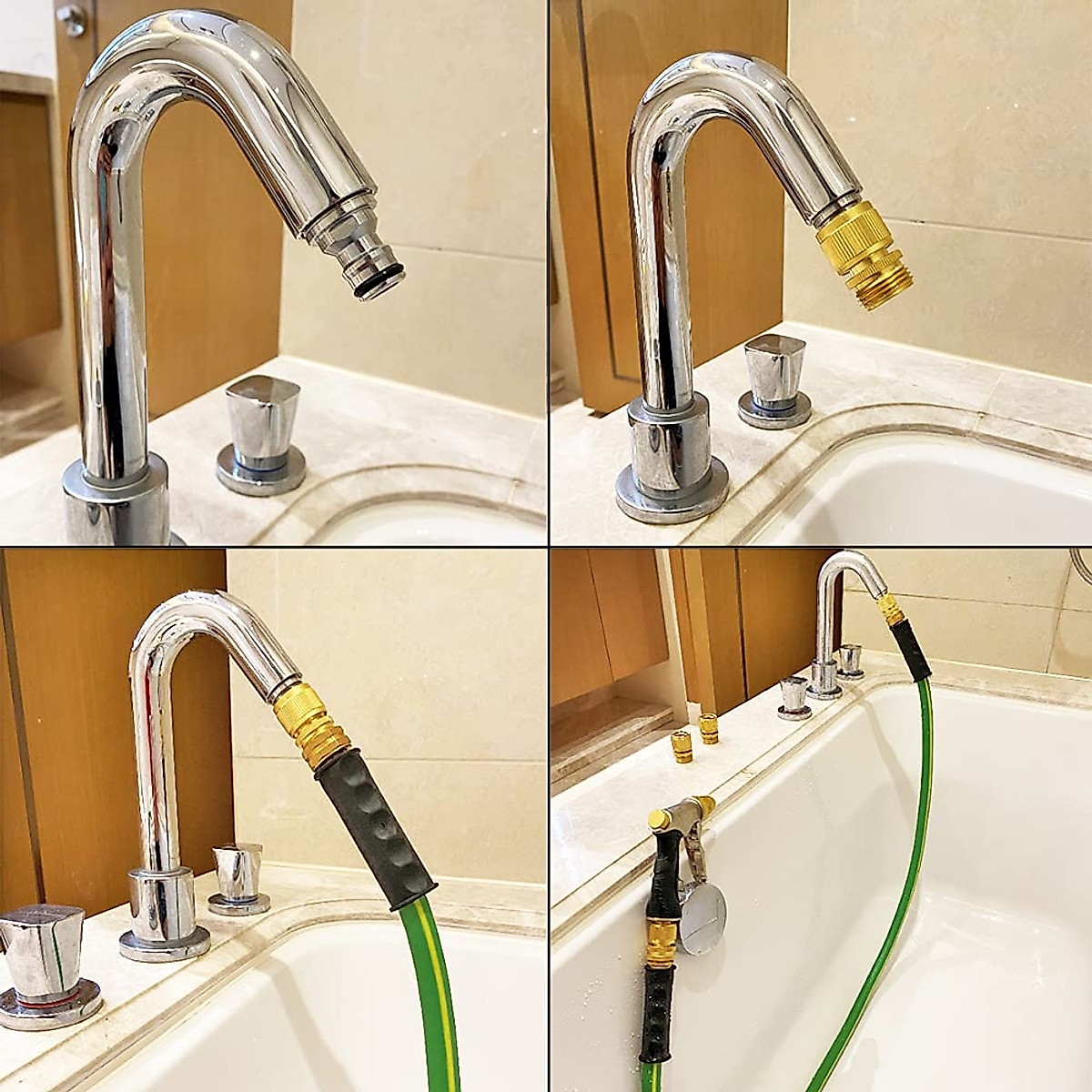 HQMPC Sink To Hose Faucet Adapter Faucet To Hose Adapter Kitchen Snap Adapter Washing Machine Quick Connect,Chrome Nipple Male 15/16-27 And Female 55/64-27 To Male 3/4" GHT Quick Coupler 2 Sets