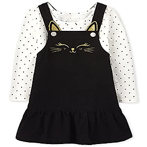 The Children's Place Baby Girls and Toddler Sleeveless Cat Corduroy Skirtall Dot Print Top 2-Piece Set Pants, Black/White Cat, 12-18 Months US
