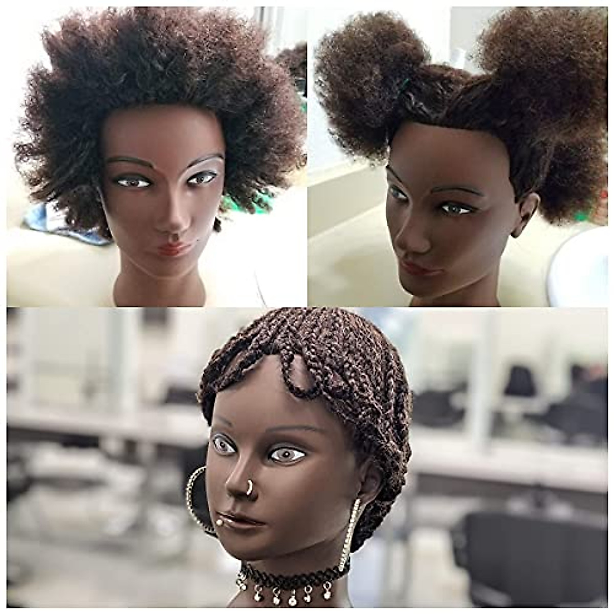 African Mannequin Head with 100% Human Hair Mannequin Head Curly Cosmetology Manican Mannequins Heads with Stand for Display Practice Braiding Styling Training Head Hair Styling